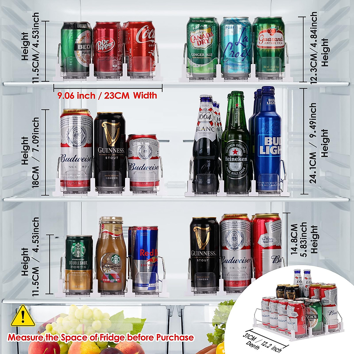 BingoHive Automatic Soda Can Organizer for Refrigerator Can Dispenser for Beer Soda Seltzer Drink Pop Can Holder Self-Pushing Drink Organizer for Fridge Storage 12 cans of 11.15oz 12oz 16oz 16.9oz
