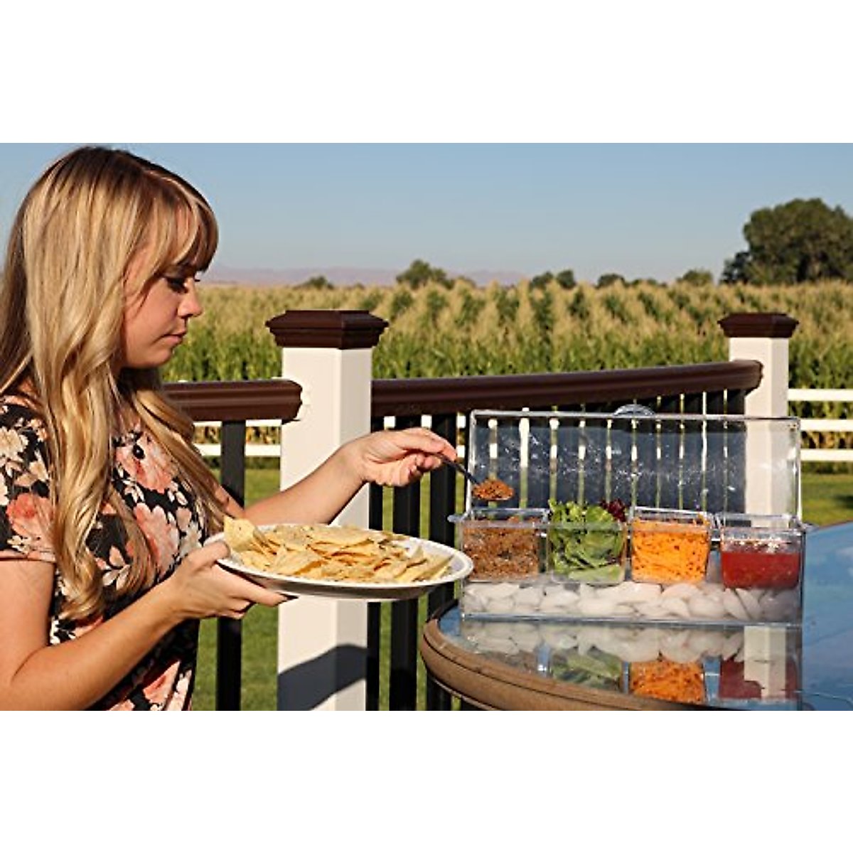 Oaklyn Large Clear Condiment Server Organizer on Ice with Containers and Lid – BPA-Free Serving Bar Compartments and Plastic Box Tray – Chilled Caddy Dispenser Set - Holds 80 oz Total