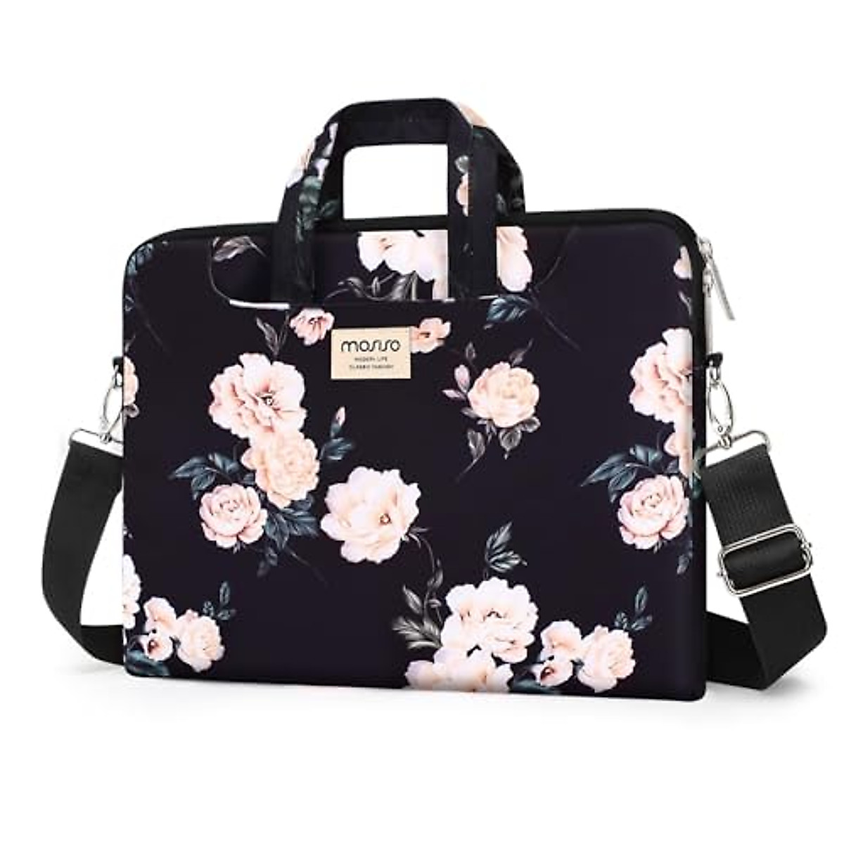 MOSISO Laptop Shoulder Bag Compatible with MacBook Air/Pro, 13-13.3 inch Notebook, Camellia Carrying Sleeve with Belt, Black