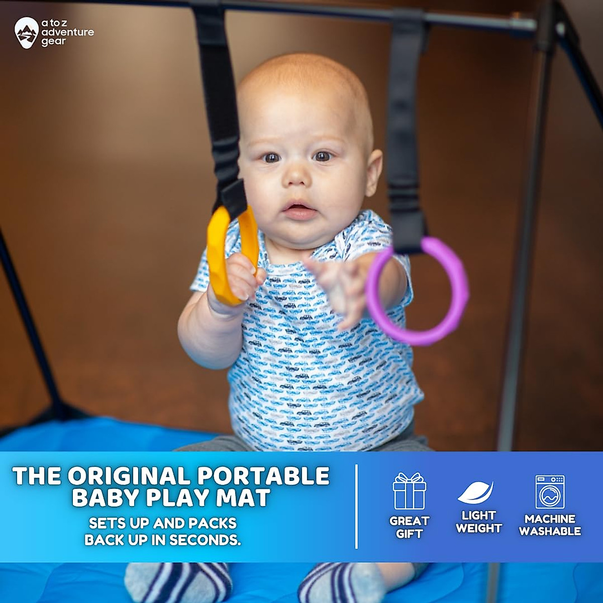 Portable Baby Play Mat for Travel and Outdoor Adventures, Easily Packs Into Stuff Sack, Packable Activity Gym and Tummy Time Mat, Lay and Play Adventure Mat