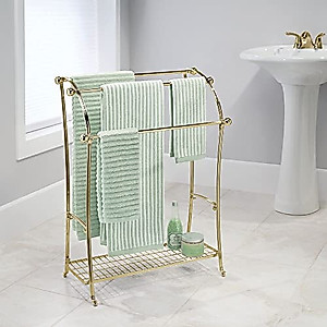 mDesign Large Standing Metal Bathroom Towel Holder Stand with Shelf - 3-Tier Towel Rack Stand for Hanging Bath, Hand, and Fingertip Towels - Towel Stand for Bathroom - Hyde Collection - Soft Brass