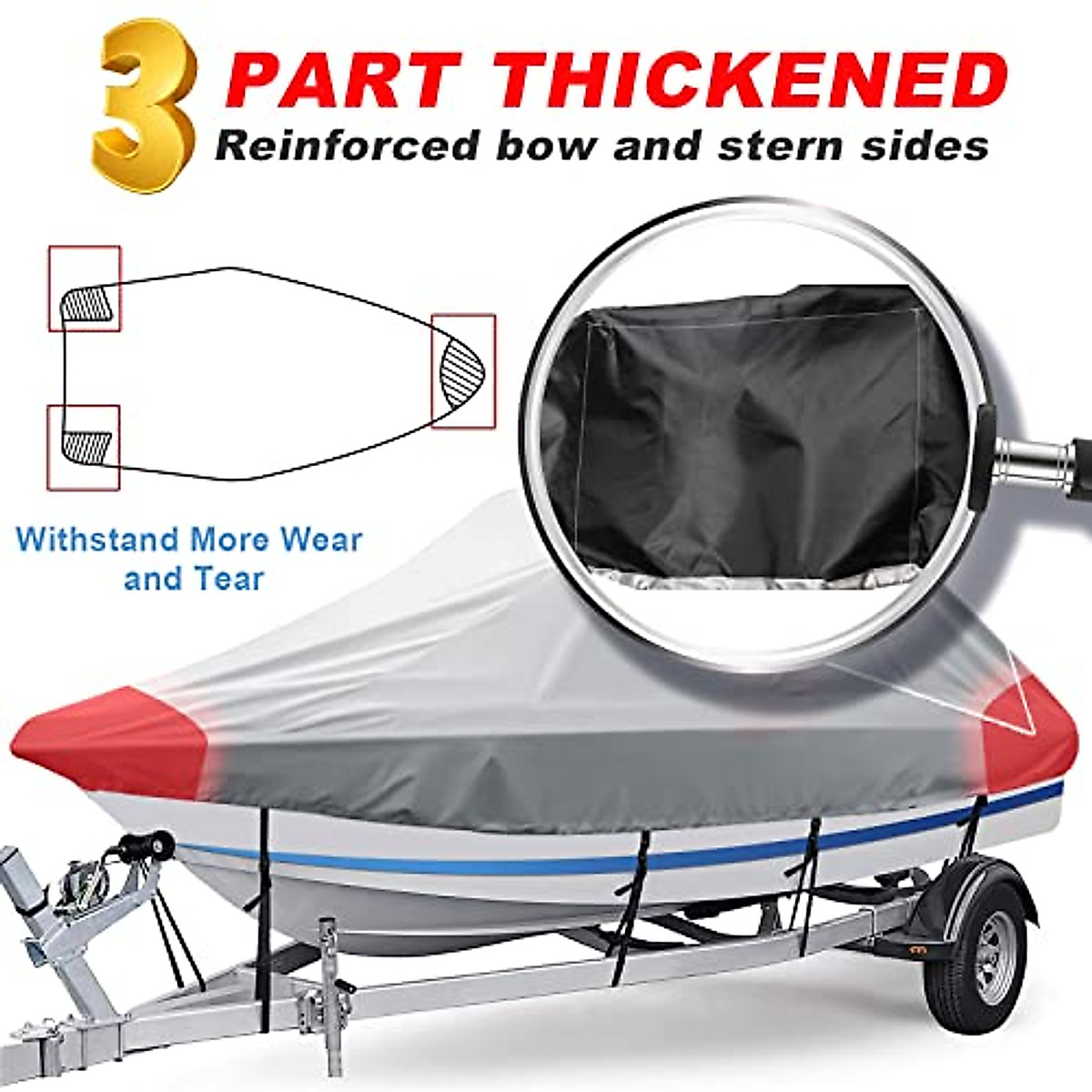 Wakeboard Tower Boat Cover, Heavy Duty 100% Waterproof Over The Tower Cover for V-Hull Fishing Tournament Boat w/Ski Wakeboard Tower Boat Cover (25′-27′L,Up to 116″W, Grey)