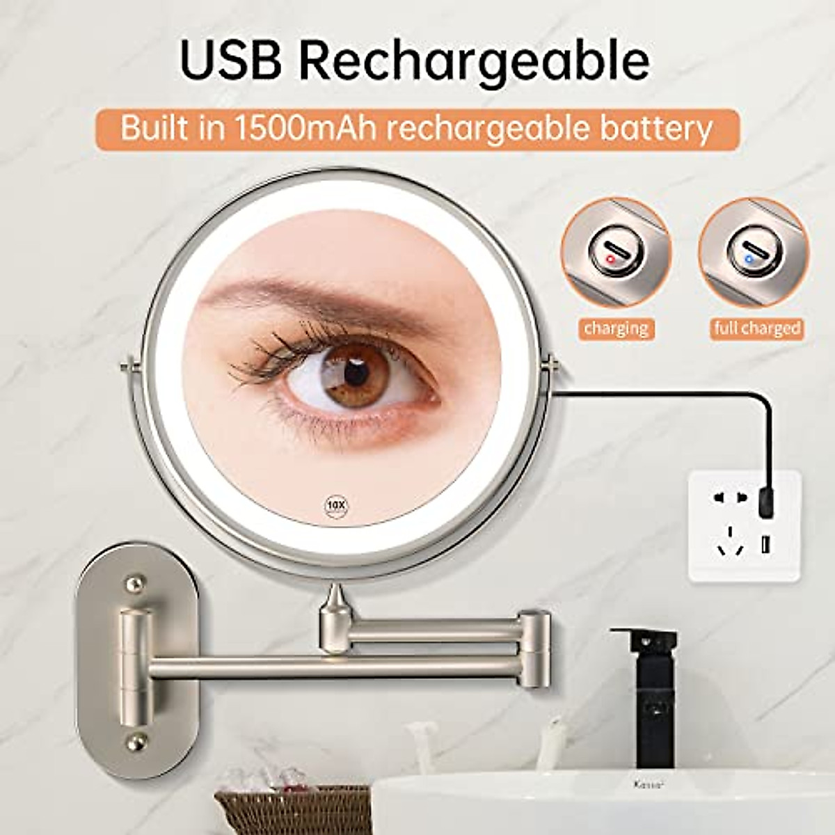 Rechargeable Wall Mounted Lighted Makeup Vanity Mirror 8 Inch Double Sided 1X 10X Magnifying Bathroom Mirror, 3 Color Lighting, Touch Screen Dimming, Extended Arm 360 Rotation Shaving Light up Mirror