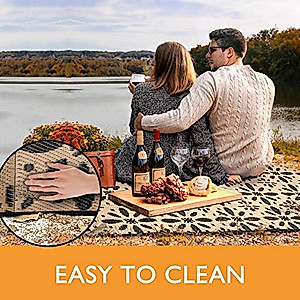 AOLEBA Reversible Outdoor Plastic Straw Rug Mat, 5'x8' Black and Beige Flower Area Rugs for Outdoor, Camping, RV, Patio, Picnic, Beach, Backyard, Deck, Trailer