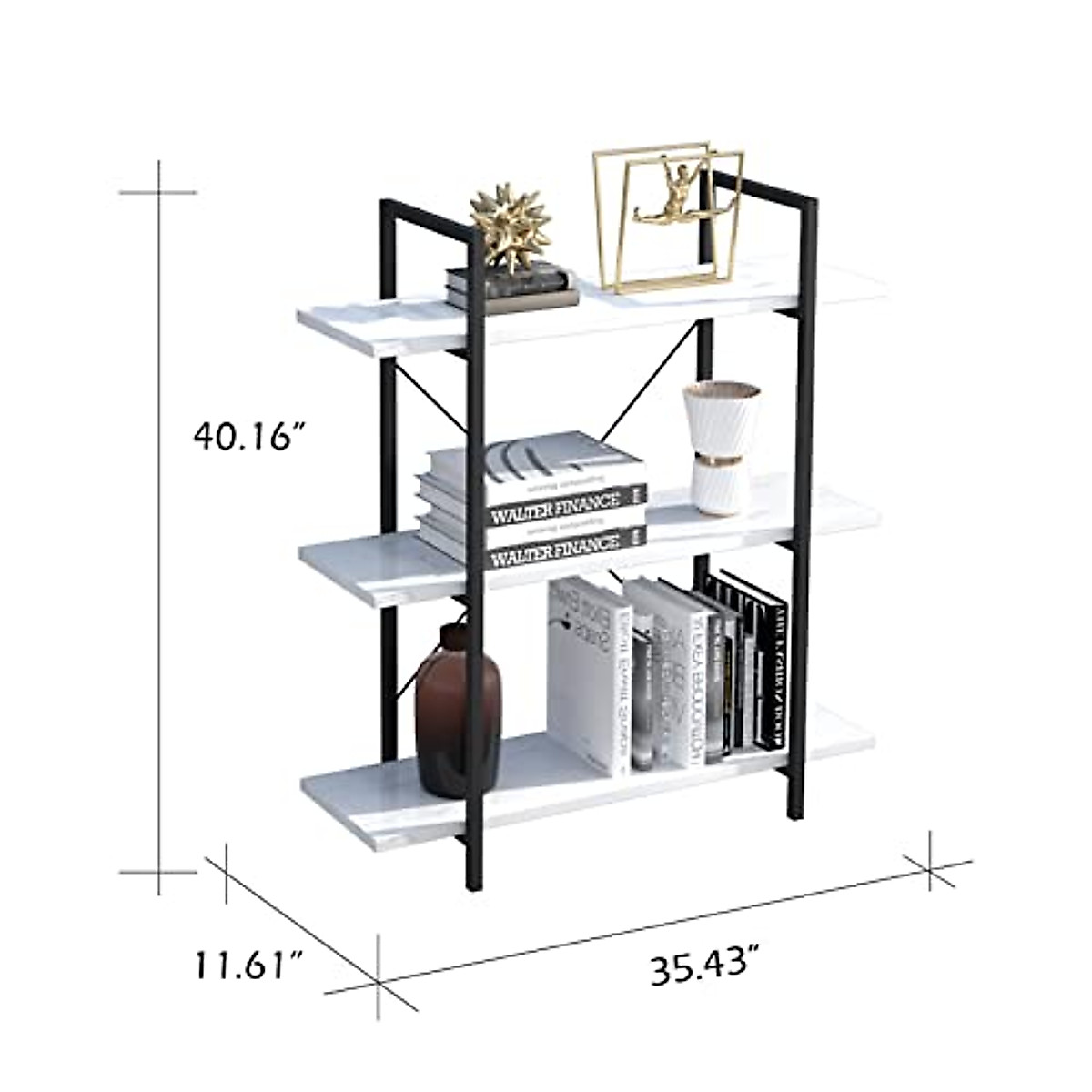 IOTXY 3-Tier Open Shelf Bookcase - Modern Freestanding Wooden Display Stand Unit with Metal Frame for Home and Office, Bookshelf, Black White