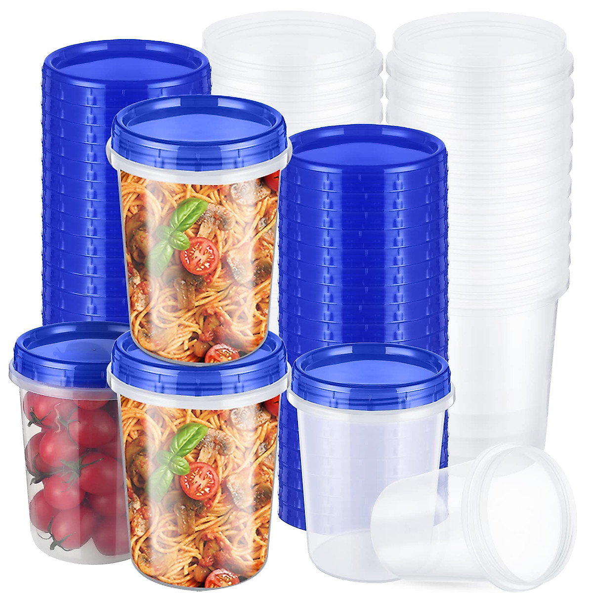 24 Pcs 32 oz Freezer Containers for Food with Twist Top Lids Reusable Plastic Soup Food Containers with Screw on Lids Leakproof Round Containers for Juice Condiments Fruit Snacks Leftovers (Blue)