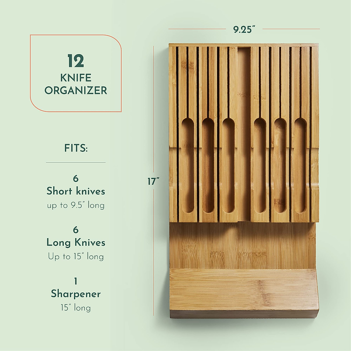 High-Grade 100% Bamboo Knife Drawer Organizer - 12 Knife Slots Plus a Sharpener Slot, Knife Organizer for Kitchen Organization, Durable, Secured, Practical, Eco-Friendly, Knife Block without Knives.