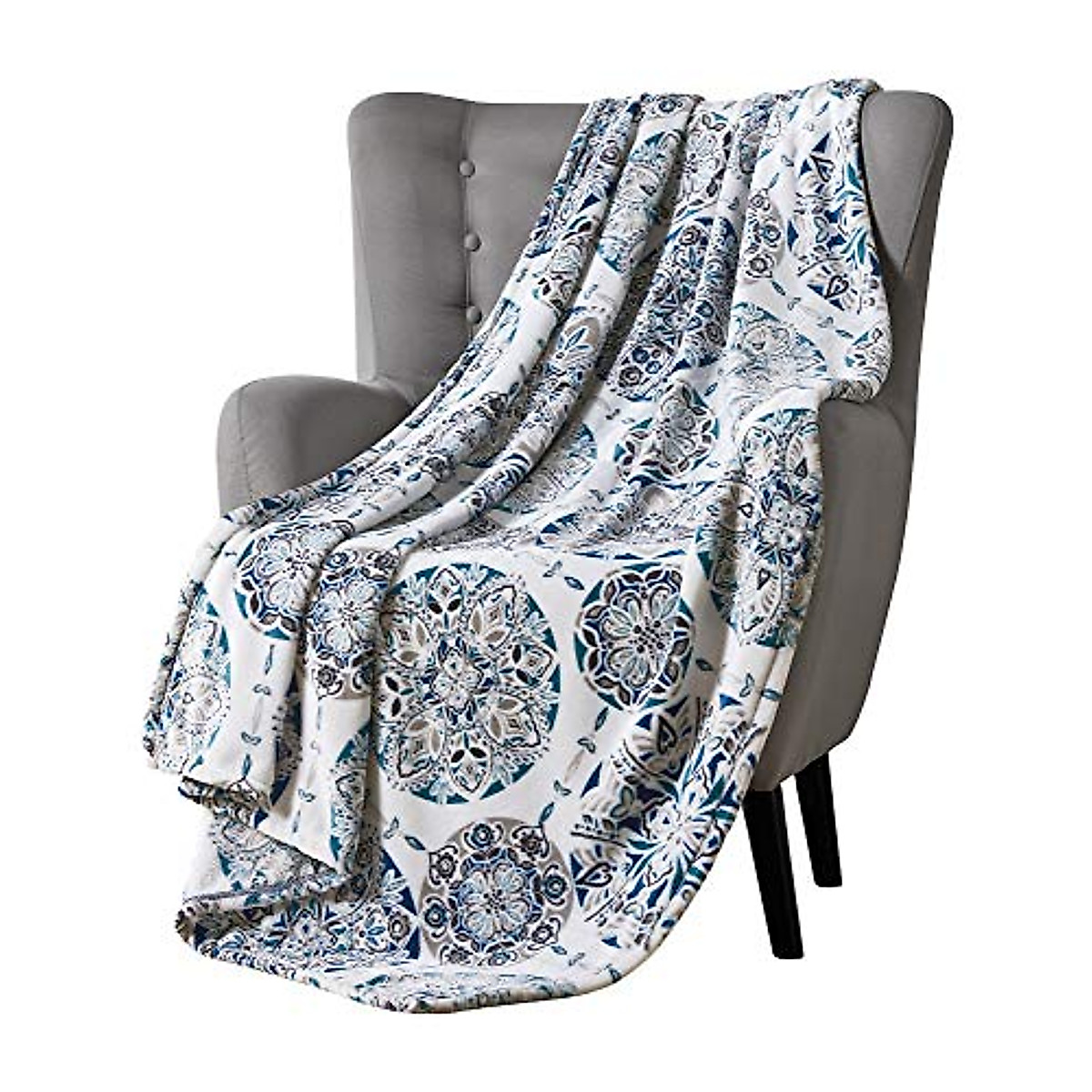 VCNY Decorative Plush Throw Blanket: Blue Teal Turquoise Medallion Design Accent for Couch or Bed