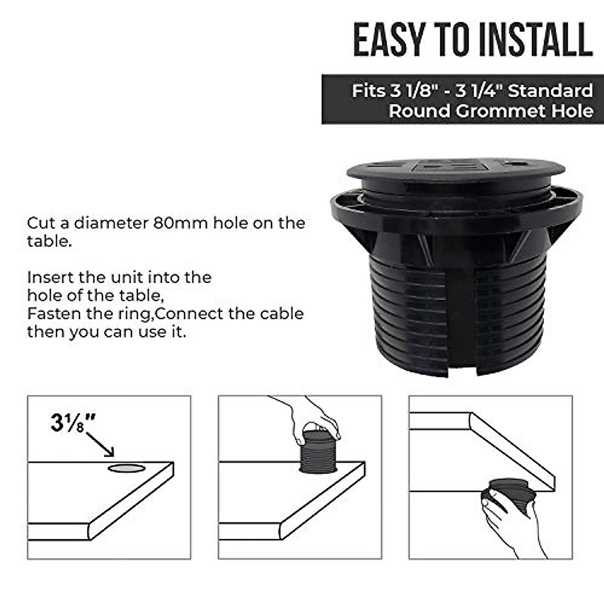 Round Desktop Conference Room Power Grommet Outlet, FITS 3 1/8" - 3 1/4" 2 (TR) AC Outlets, 2 USB Charging Ports, 1 CAT 6, 1 HDMI, ETL Listed (DC-8689-Black)