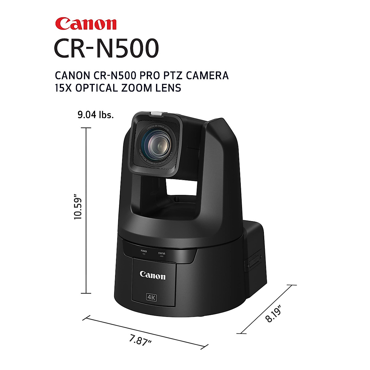 Canon CR-N500 Pro PTZ Camera BK 15x Optical Zoom lens, 1” 4K 30p Dual Pixel AF Sensor, 3G-SDI, HDMI, IP Video Out, NDI|HX2, SRT- Church, Live Events, Streaming Conference, Classroom, Esports, Vlogging