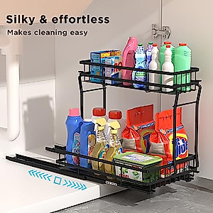 GMFINE 2 Pack Under Sink Organizer and Storage, 2 Tier Slide Out Undersink Cabinet Organizer Storage Organization with Hooks for Under Kitchen Bathroom Sink Storage Cleaning Supplies, Black