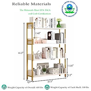 OSCHF Wide Open Shelf Bookcase - Modern 4-Tier Floor Standing Display Bookshelf with Three-Side Baffles for Home and Office, Storage Shelving in Warm White with Gold Frame