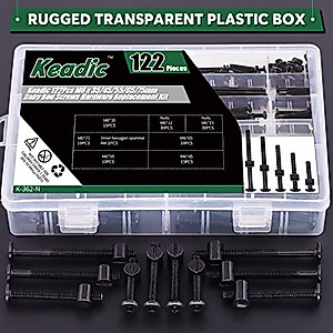 Keadic 122Pcs M6 x 35/45/55/65/75mm Baby Bed Screws Hardware Replacement Kit, Black Hex Socket Cap Bolts Barrel Nuts Assortment Kit for Furniture Cots Beds Crib, 1 Hex Key and Plastic Box for Free