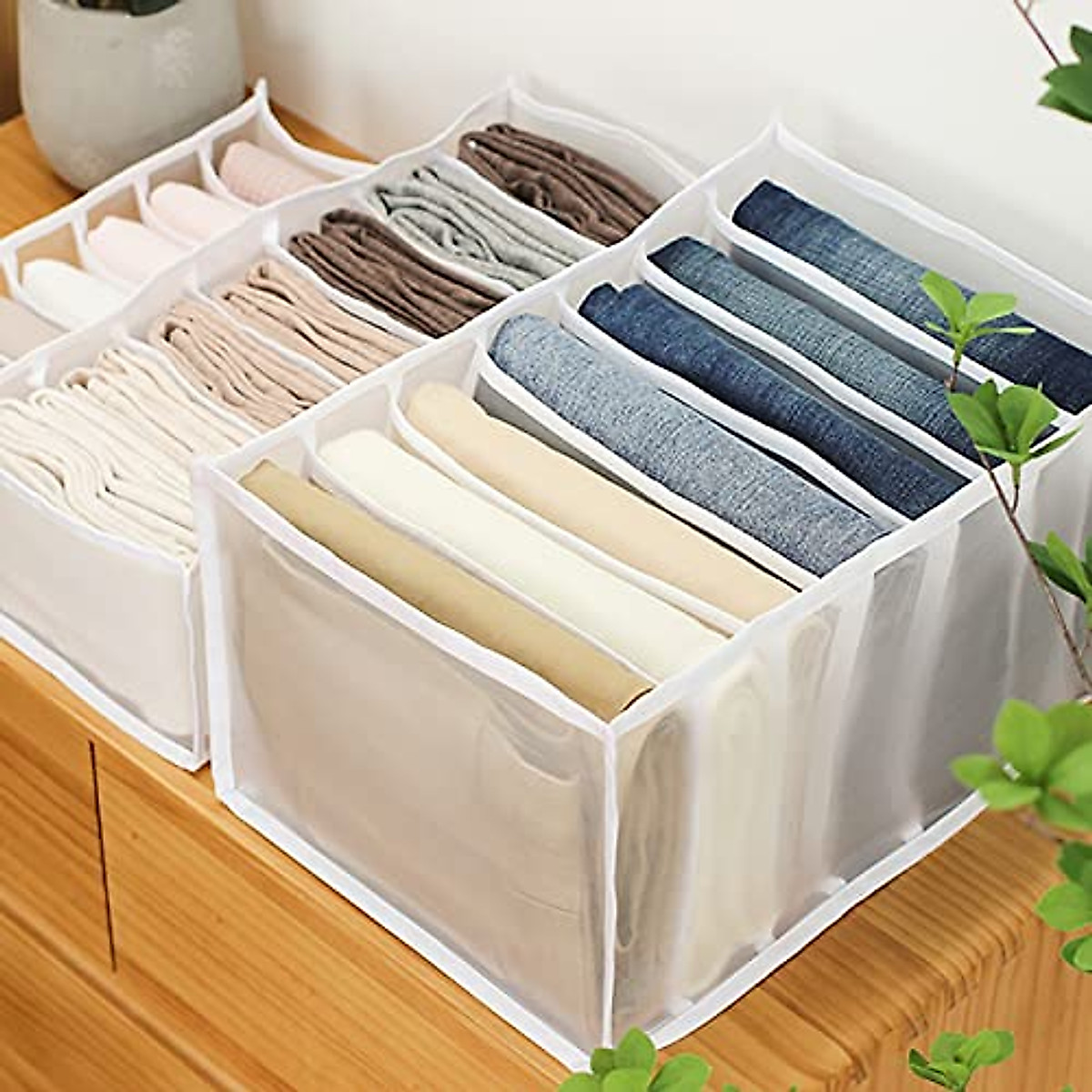 Livable Cloud 2Pcs 7 Grids drawer wardrobe organizer, jeans organizer, foldable and washable, suitable for T shirts, trousers, underwear, socks L Gray Large