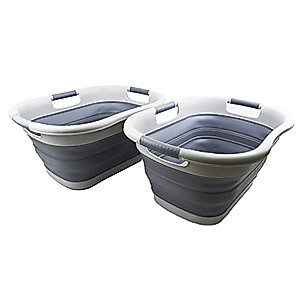 SAMMART 30L (7.9 gallon) Collapsible Plastic Laundry Basket - Foldable Pop Up Storage Container/Organizer - Portable Washing Tub - Space Saving Hamper/Basket (Grey/Dark Grey (Set of 2))