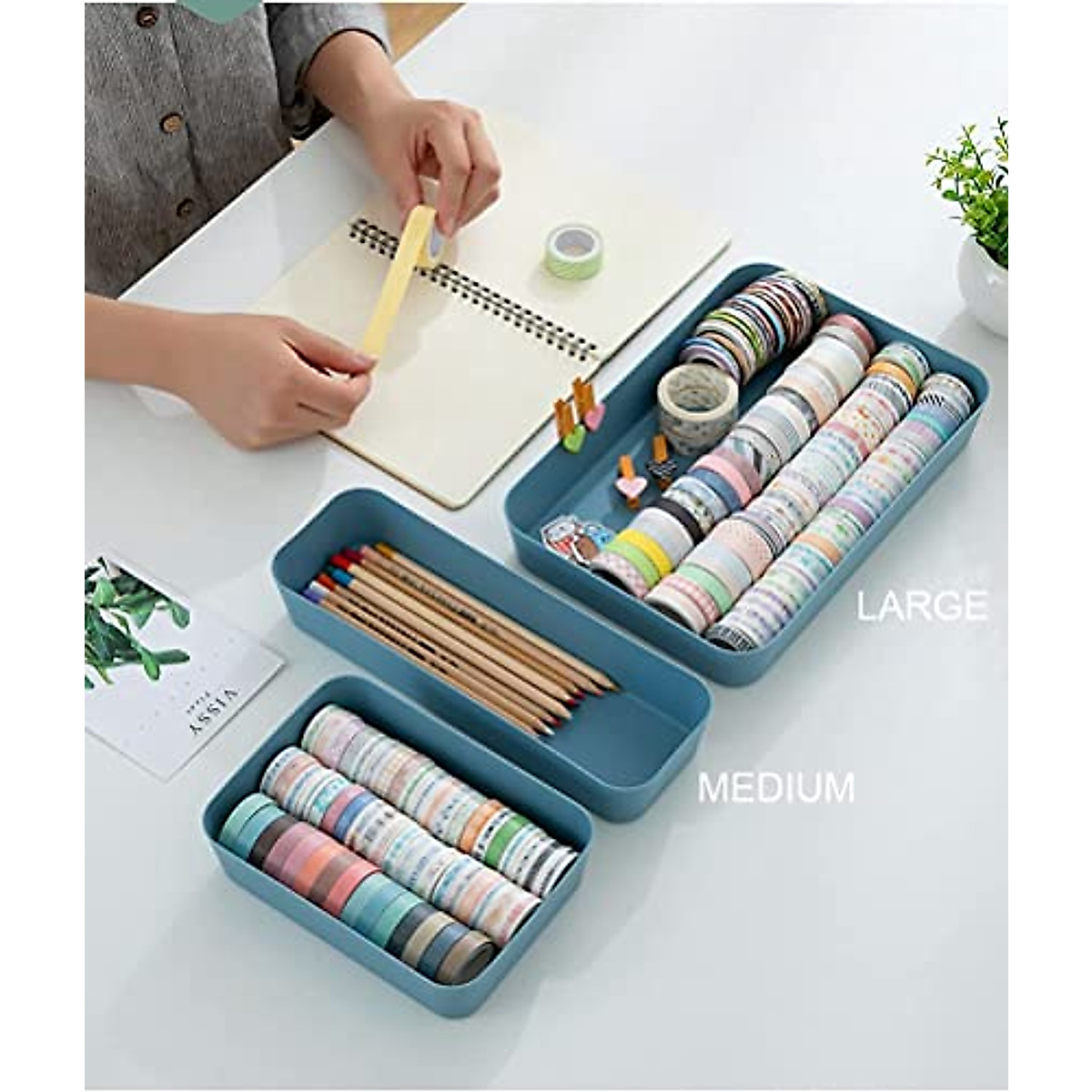 SERENITA Soft Plastic Drawer Organizer Storage Tray Bins Set for Kitchen Dresser Bathroom Bedroom Office Desk Closet. (4 Large Blue)