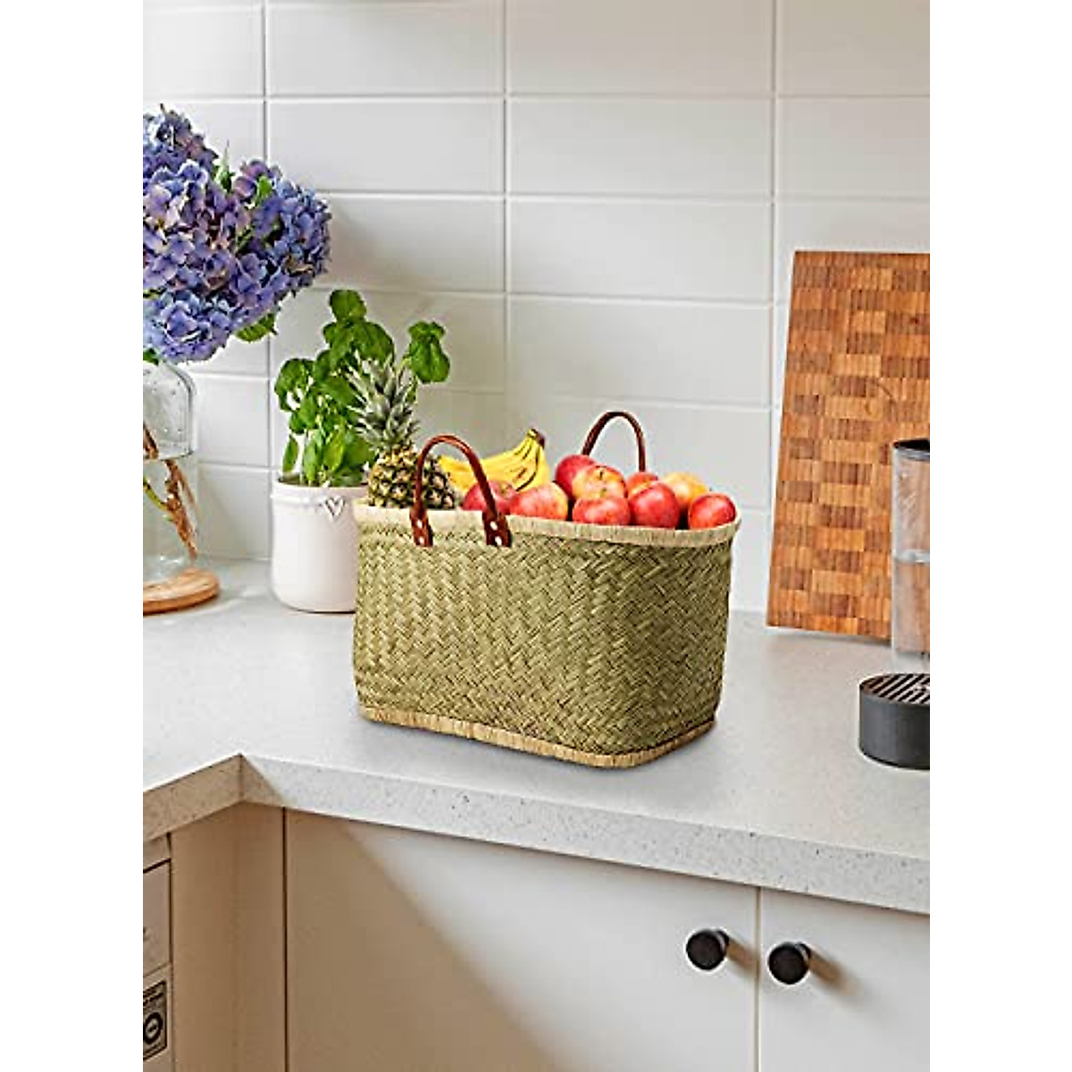 Serene Spaces Living Small Handmade Straw Tote Paired with Leather Handles, Raffia Lined Handbag, Straw Beach Bag, Summer Tote for Everyday Use, Grocery Shopping, 19.5" Long, 8.5" Wide & 10.5" Tall