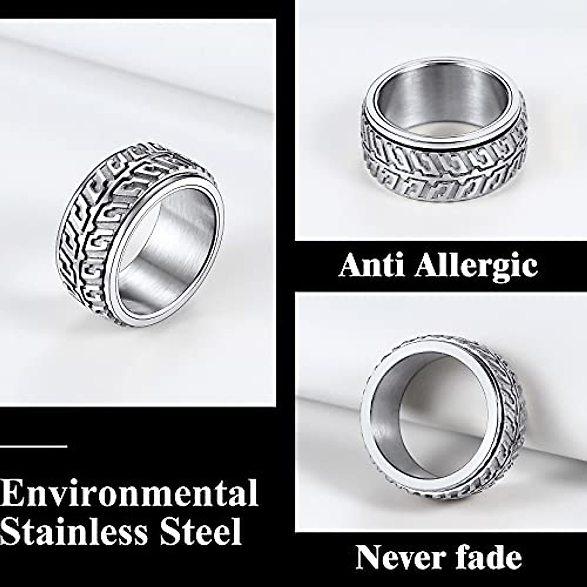 10mm Mens Mechanic Car Racer Tire Tread Band Ring for Men for Bikers Stainless Steel Fidget Spinner Rings