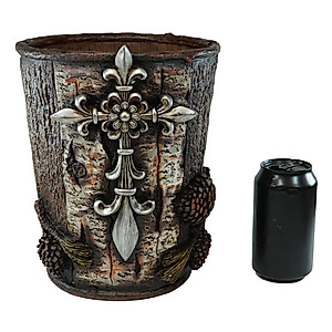 Ebros Gift Rustic Southwestern Inspirational Le Fleur Cross with Birch and Pinecones Bathroom Accessory Resin Sculpture Fleur De Lis Accent (Dry Waste Basket Trash Bin)