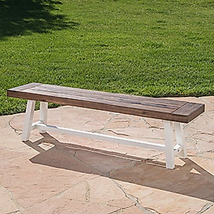 GDFStudio Indoor Farmhouse Dark Brown Sandblast Finish Acacia Wood Dining Bench with White Rustic Metal Finish Frame