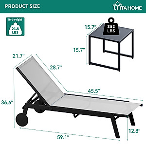 YITAHOME Patio Chaise Lounge Set of 3, Outdoor Lounge Chairs with Side Table, Adjustable Backrest Poolside Loungers with Wheels for Pool Beach Patio Lawn Porch - Grey