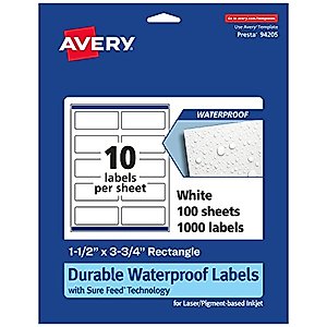 Avery Durable Waterproof Rectangle Labels with Sure Feed, 1.5" x 3.75", 1,000 Oil and Tear-Resistant Waterproof Labels, Print-to-The-Edge, Laser/Pigment-Based Inkjet Printable Labels