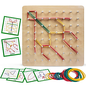 Kizh Wooden Geoboard Math Manipulative Material Graphical Geo Board Montessori Educational Toys Array Block Pattern Cards and Rubber Bands STEM Puzzle Matrix 8x8 Brain Teaser Toys