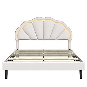 HIFIT Full Upholstered Smart LED Bed Frame with Adjustable Elegant Flowers Headboard, Platform Bed Frame Full Size with Wooden Slats Support, No Box Spring Needed, Easy Assembly, Beige