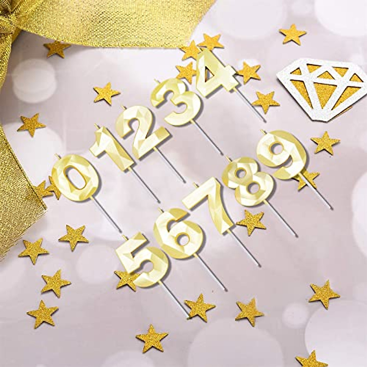 Gold Number 5 Candles and Star Heart Candles 2.76 inch Number Candles for Birthday Cakes 3D Diamond Shaped for Cake Decorations(Gold Candle 5)
