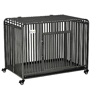 PawHut Foldable Heavy Duty Dog Cage, Chew Proof Dog Crate on Wheels, Portable Dog Crate Kennel with Removable Tray, Large and Medium Pups, 43"