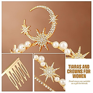 Catery Star Moon Crown Headband Gold Halo Crown Goddess Tiara Headpiece Pearl Boho Wedding Headpiece Bridal Hair Accessories for Women and Girls