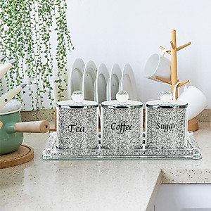 LYTDMSKY 4 Pcs Coffee Sugar Container Set, Tea Canister and Crushed Diamond Tray, Decorative Kitchen Canisters with Lid, Bling Glass Snacks Sugar Containers Kitchen Coffee Jar Storage Containers