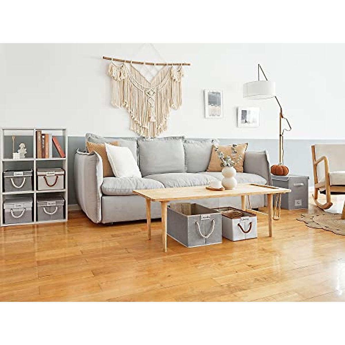 LoforHoney Home Fabric Storage Bins with Lids for Organizing, Foldable Storage Boxes with Lids for Shelves, Clothes Baskets with Cotton Rope Handles, Closet Storage Bins, Large, Light Gray, 2-Pack