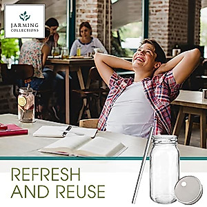 Reusable Boba Bubble Smoothie Cup Regular Mouth 24 oz Glass Mason Jar with Wide STAINLESS STEEL Straws Boba Cup and Lid and Straw-Drinking Lid- 100% ECO FRIENDLY by Jarming Collections