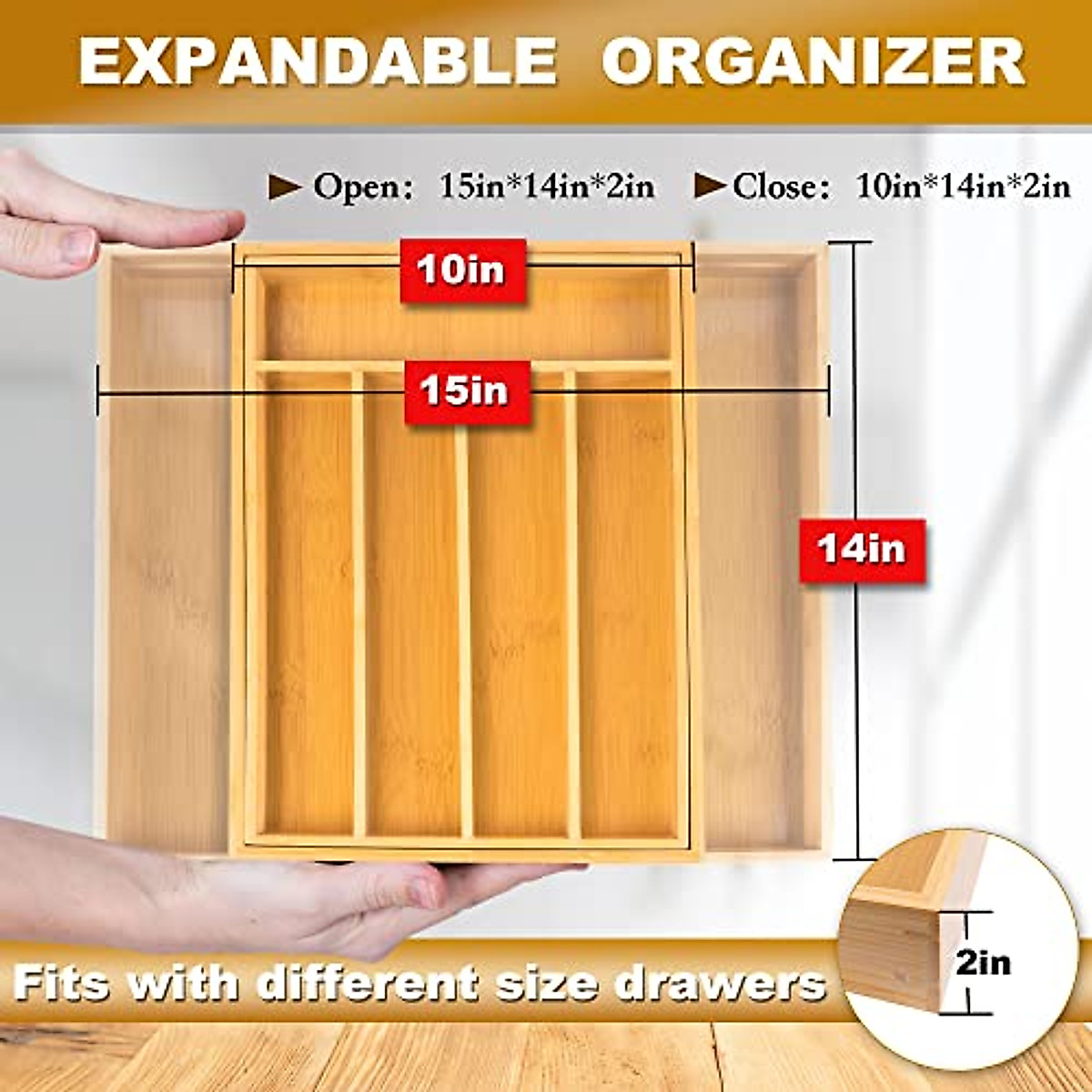 Besilord Expandable Utensil Organizer Silverware Organizer for Kitchen Adjustable Utensils Holder Bamboo Large Flatware Silverware Cutlery in Drawer