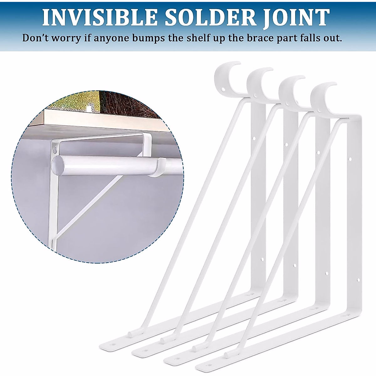 6PCS Heavy Duty White Closet Rod Brackets 11 x 11 Inch,1-3/8Inch Diameter Shelf and Rod Bracket Holder for Home and Closet Decor, Wall Mount Closet Pole Supports Bracket Hook with Screws