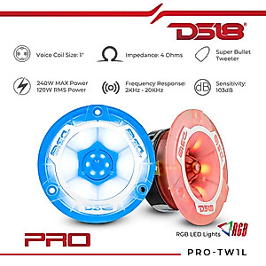 DS18 PRO-TW1L 3.8" RGB Aluminum Super Bullet Tweeter - 1" Voice Coil, Polycarbonate Body and Bullet, 400W Max, 200W RMS, 4 Ohms, Built in Crossover - PRO Tweeters are The Best - 2 Speakers