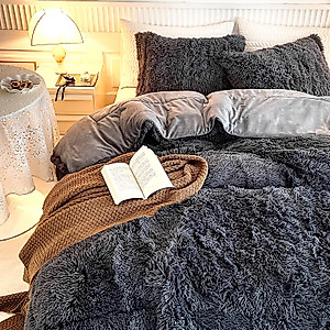 Shaggy Comforter Set Black Queen Size 3 Pieces Winter Faux Fur Comforter Set with 2 Pillowcases Ultra Soft and Easy Care Luxury Plush Warm Super Fleece Velvet Flannel Bedding Set