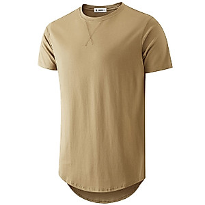 KLIEGOU Mens 100% Cotton Hipster Hip Hop Longline Crewneck T-Shirt Khaki M(66)