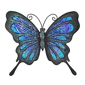 HONGLAND Metal Butterfly Wall Decor Glass Outdoor Wall Art Sculpture Hanging Garden Decorations Blue for Home Garden