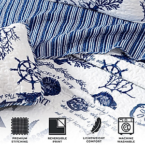 Great Bay Home Twin/Twin XL Coastal Bedding Set, Summer Coastal Quilt with Sham, Beach 2-Piece Reversible All Season Bedspread Quilt Set. Lightweight Nautical Quilted Coverlet. Navy