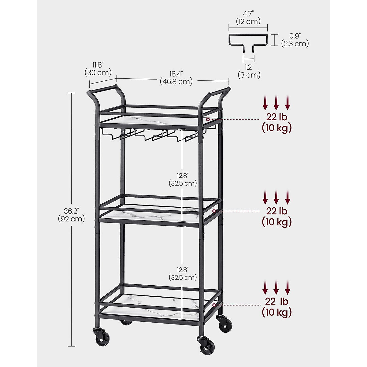 VASAGLE Bar Cart, Home Bar Serving Cart, Small Bar Cart with 3-Tier Shelf, Wine Holders, Glass Holders, Mini Bar Cart for Small Spaces, Kitchen, Dining Room, Living Room, Ink Black