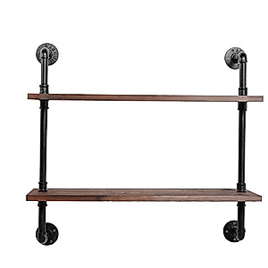 Pipe Floating Shelves, 2-Tiers Industrial Pipe Wall Shelves Bookshelf, Rustic Wall Mount Corner Shelf with Metal Frame, Storage Shelves for Bathroom, Bedroom, Kitchen, Living Room