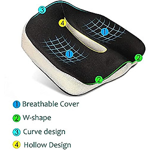 SMSOM Ergonomic Memory Foam Seat Cushion, Office Soft Seat Cushion, Washable Cover, Comfortable Coccyx Cushion for Home Office Chair Pad, Car Seat, Wheelchair (Black)