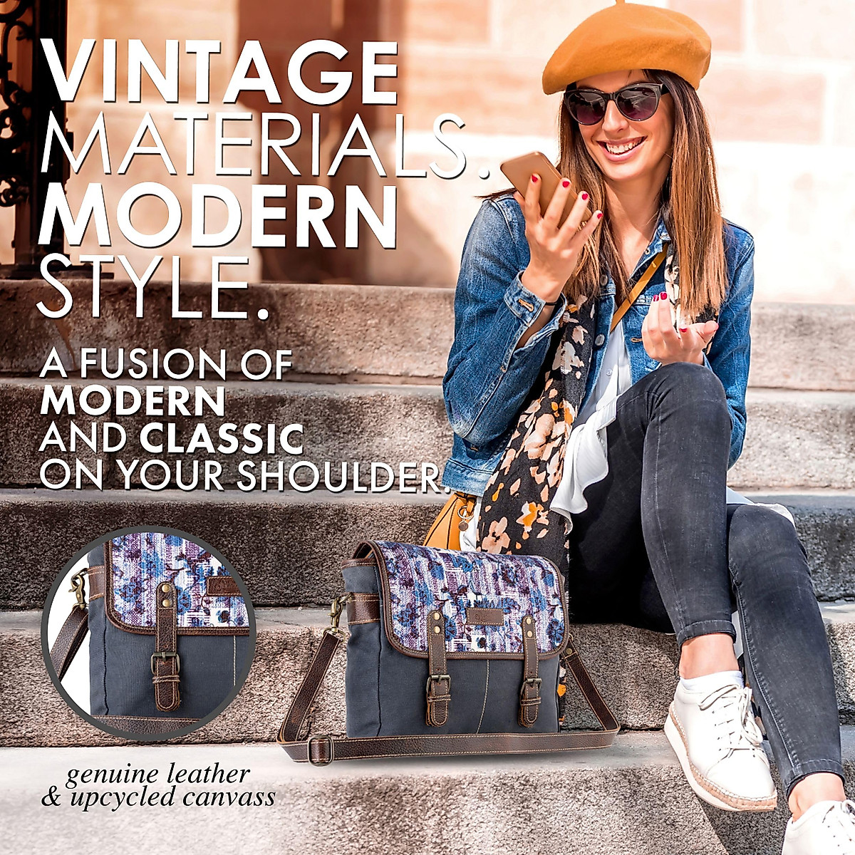 SIXTEASE Womens Shoulder Bag Vintage Style Shoulder Bags for Women - Made with Genuine Leather, Upcycled Canvas, or Hair On - Handmade, Adjustable Strap, Brass and Zinc Hardware - Helio