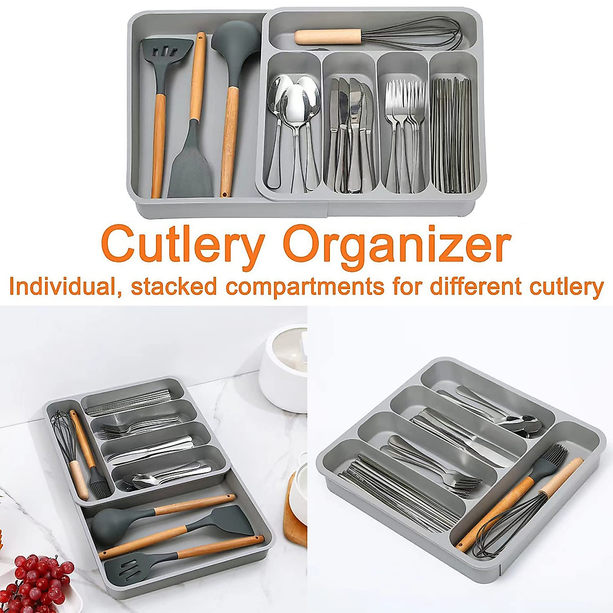 Kitchen Drawer Organizer Tray for Cutlery Utensils and Gadgets，Large Expandable Cutlery Organizer in Drawer，Silverware Organizer Storage Tray，Holding Flatware Spoons Forks