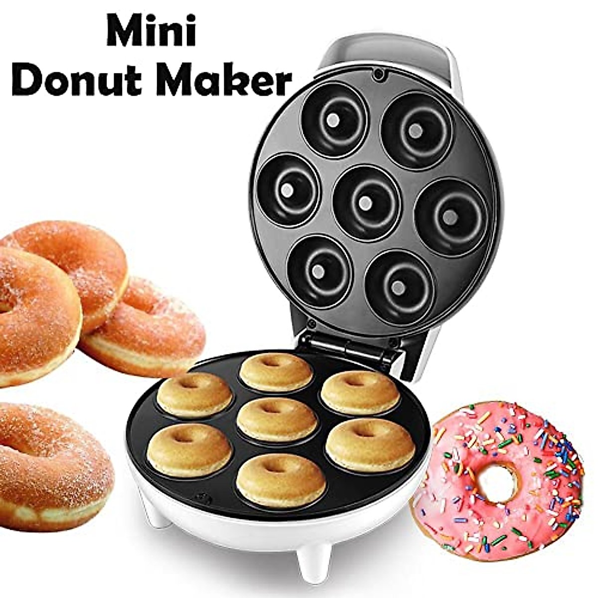 Mini Donut Maker Machine, Electric Non-Stick Donut Maker Machine for Makes 7 Doughnuts, Kid-Friendly Breakfast, Snacks, Donut Print Desserts & More for Home and Travel Use