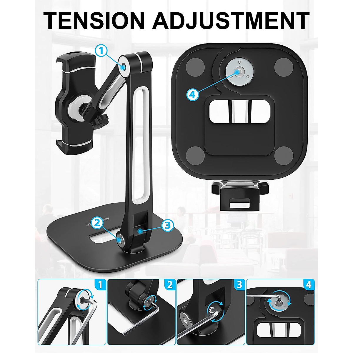 AboveTEK Tablet Stand, Multi-Angle Adjustable iPad Stand Holder, 360° Swivel iPad Stand Aluminum Desk Mount Fits 4”-11"(Diagonal) iPad/Mini/Air/Pro for Business Kiosk Office – Black