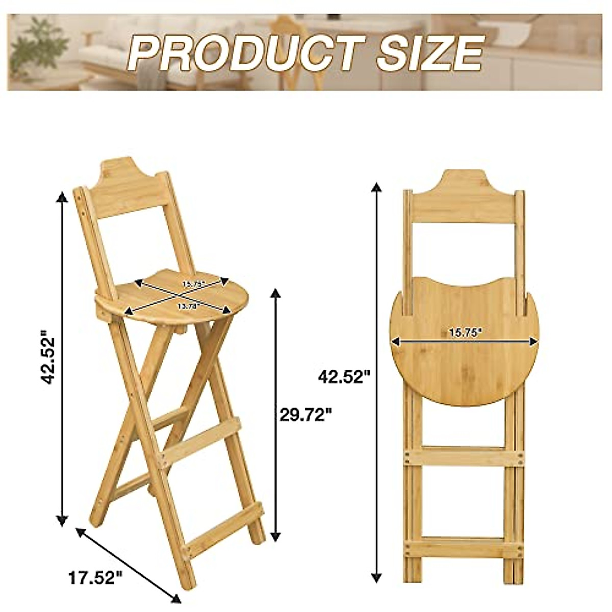 ORRD Bar Stool, Modern Folding Bamboo Counter Height Chair with Backrest and Footrestwith for Home Bar Kitchen Breakfast Island, No Assembly