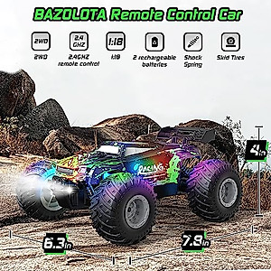 BAZOLOTA RC Car, 1:18 Scale All Terrain RC Truck, 2WD 20Km/h Remote Control Car, Remote Control Truck with LedLight and Two Rechargeable Batteries, Monster Truck Off Road Racing Car for Kid and Adult